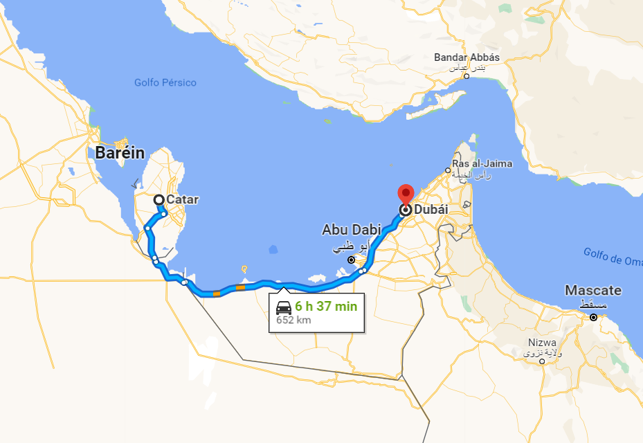 ¿Cuál es la distancia entre Qatar y Dubai?